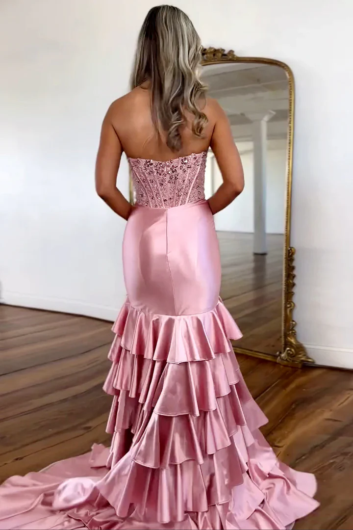 Strapless Sequins Newest Long Prom Dresses, Side Slit Girl Graduation ...