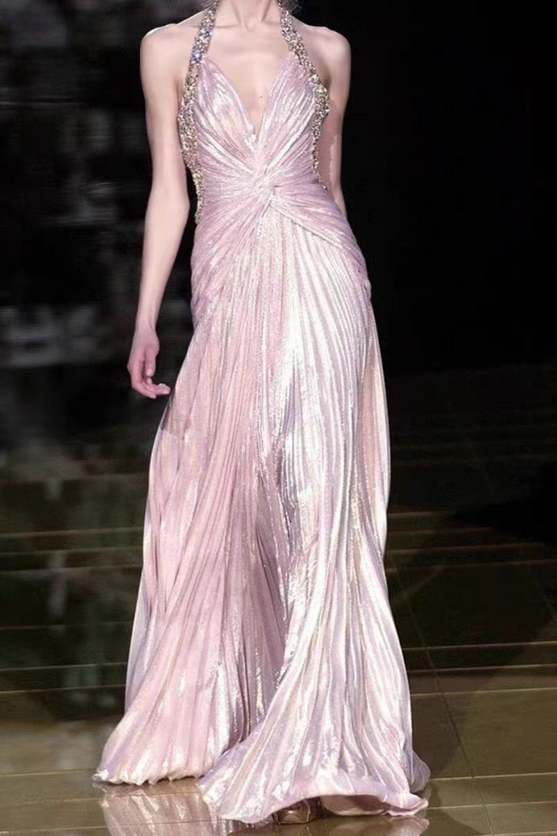 Halter Beaded Shemmering A-line Prom Dresses, Deep V-neck Prom Dresses ...