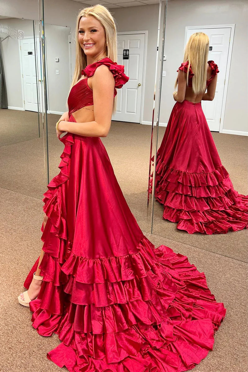 Red Soft Satin Ruffled Prom Dresses, Lovely Long Prom Dresses, Newest ...