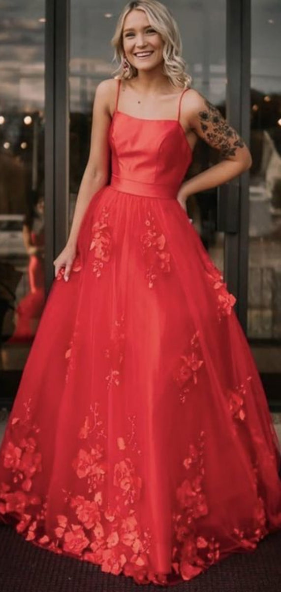 Red Color Appliques Long Prom Dresses, Elegant Flower A-line Prom Dres ...