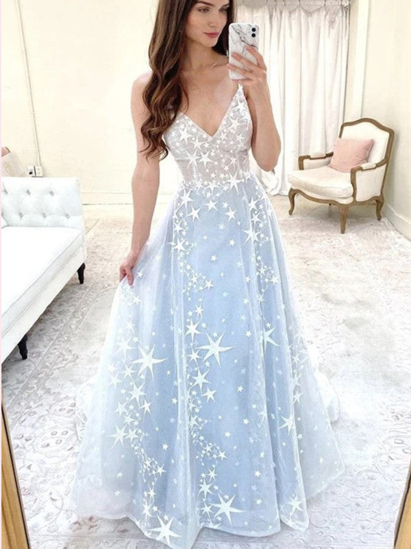 A-line Elegant Stars Long Prom Dresses, Girl School Graduation Party D ...