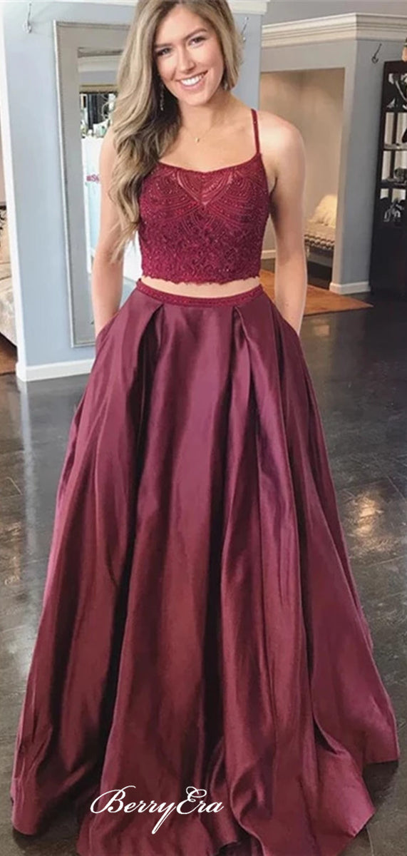 Two Pieces Pocket Prom Dresses, Lace Prom Dresses, Prom Dresses Long ...