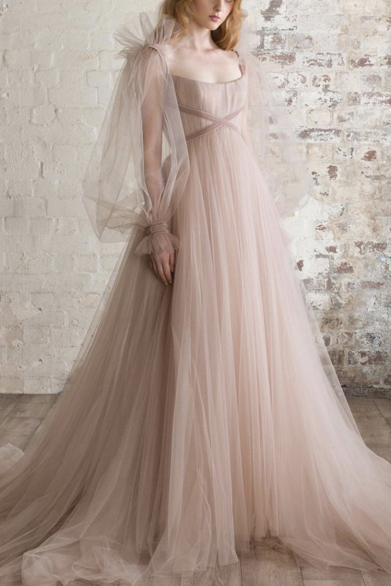 Elegant Long Sleeves 2021 Prom Dresses, A-line Tulle Long Prom Dresses ...