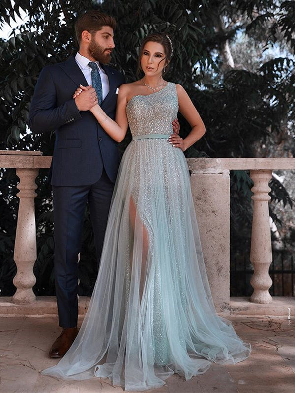 One Shoulder Sequin Tulle Prom Dresses, Side Slit Prom Dresses, Shiny ...