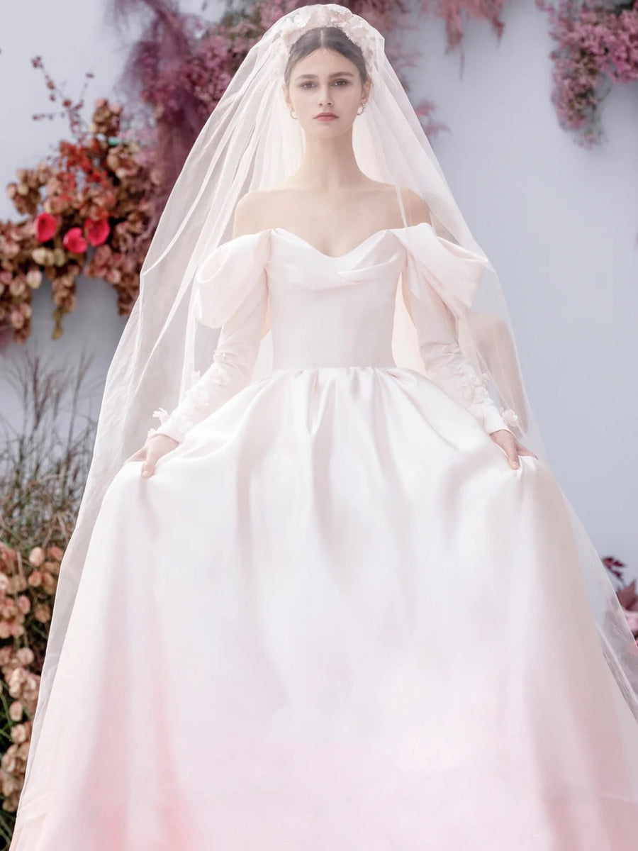 Gradient Satin A-line Wedding Dresses, Off Shoulder Long Sleeves Weddi ...