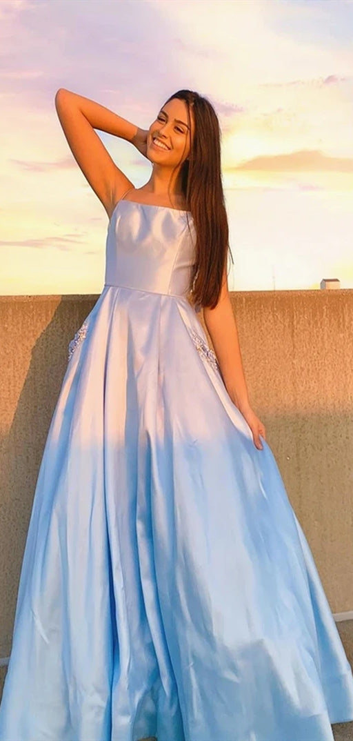 Lovely Light Blue Satin Prom Dresses With Pockets, 2020 Popular Prom D ...