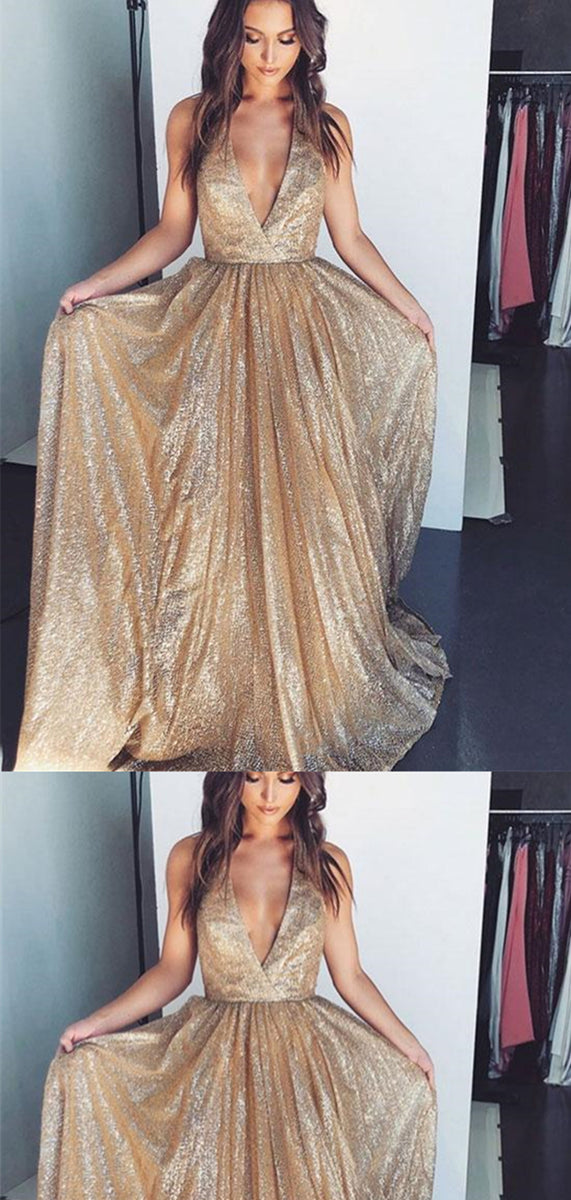 Deep V-neck Halter Sparkle Sequin Prom Dresses, Shiny Formal Dresses ...