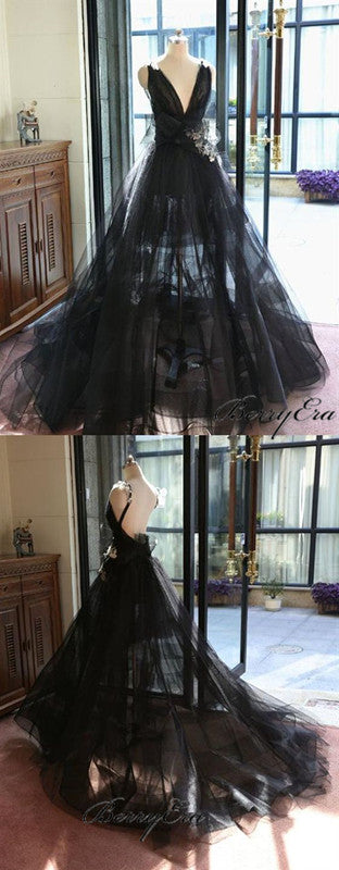 V-neck Black Tulle Transparent Prom Dresses, Long Prom Dresses, Prom D ...
