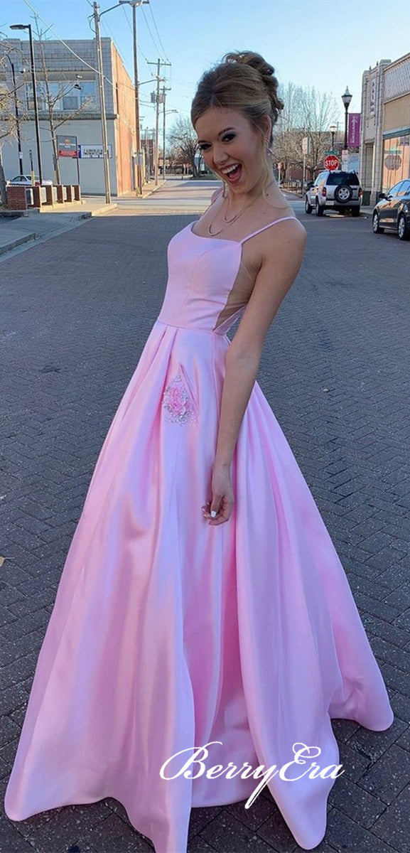 Pink Long A-line Prom Dresses, Satin Prom Dresses, Cute Prom Dresses W ...