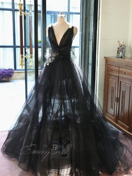 V-neck Black Tulle Transparent Prom Dresses, Long Prom Dresses, Prom D ...