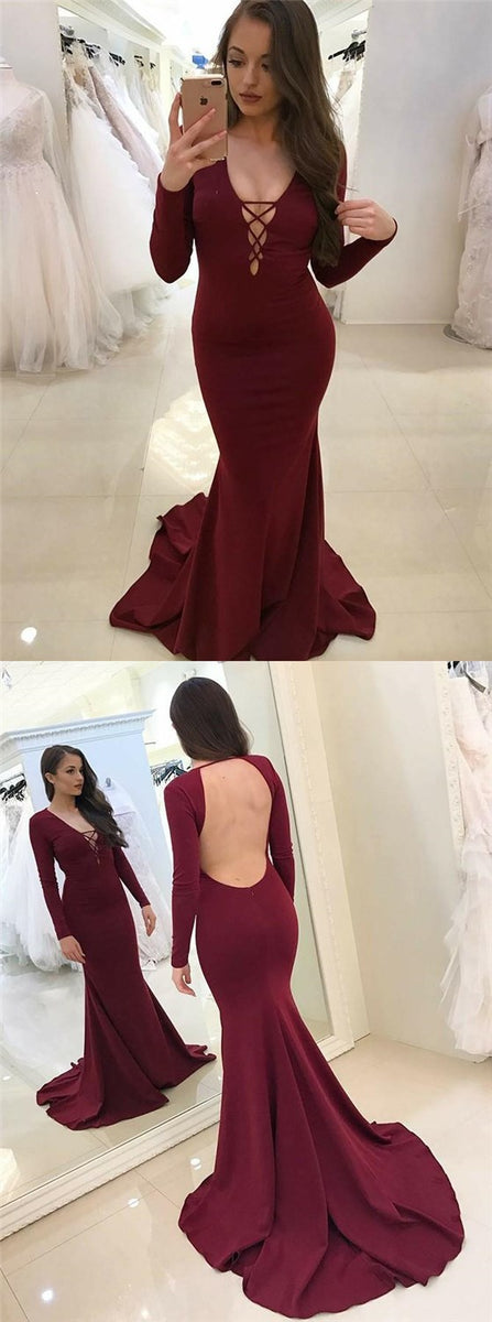 Long Sleeves Maroon Jersey Mermaid Prom Dresses – Berryera
