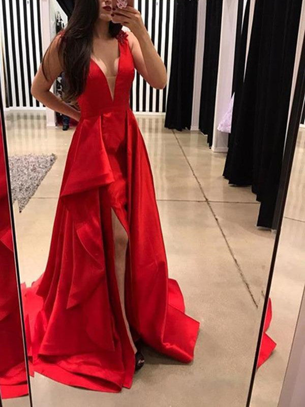 Long Chic Red Deep V Neck Prom Dresses Formal Party Dresses with Split ...